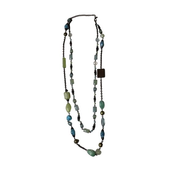 Other | Vintage Long Beaded Double Layered Necklace Green Blue Glass ...
